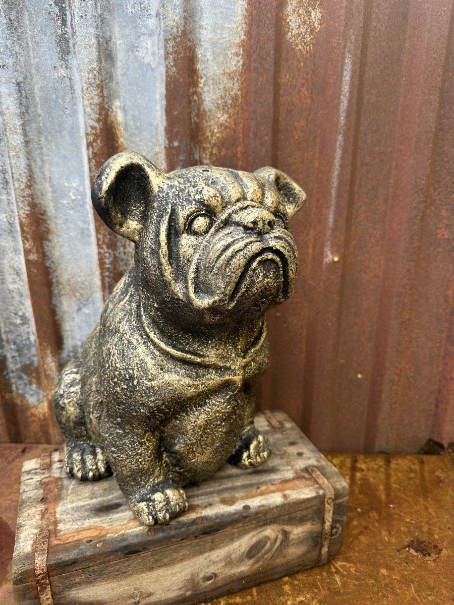 Stor hund Bulldogg i antik guld - Nyheter - Glasverandan.se